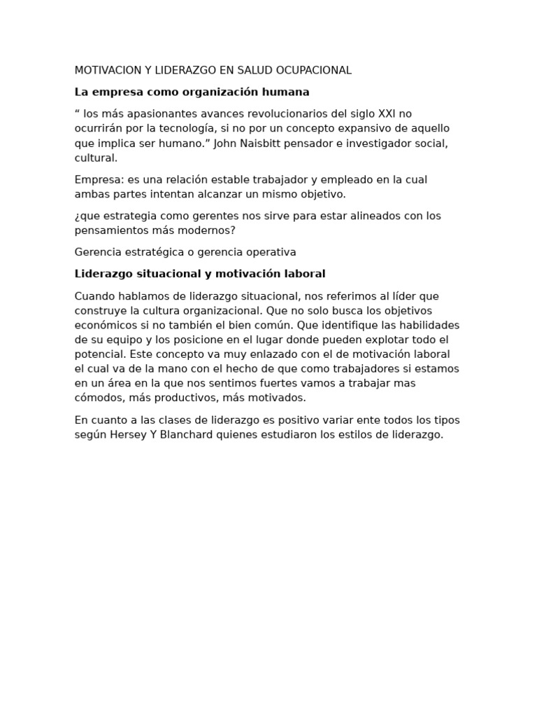 Motivacion y Liderazgo en Salud Ocupacional | PDF