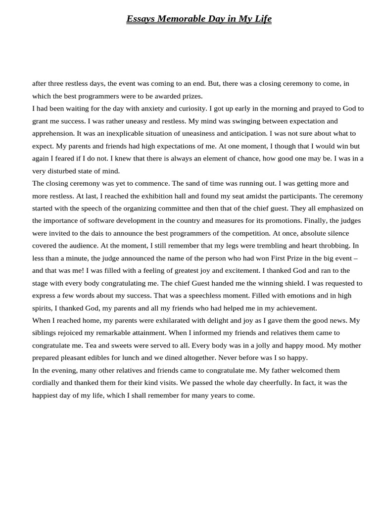 Essays Memorable Day in My Life | PDF