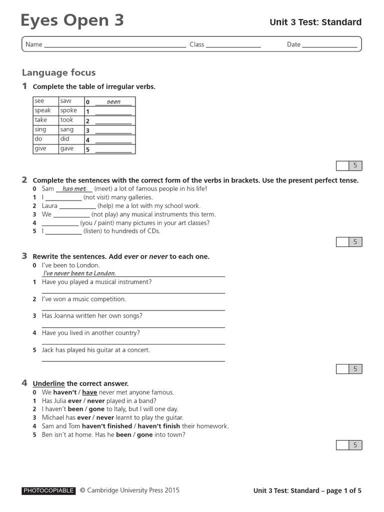 Unit 3 - Standard Test-Eyes Open3 | PDF