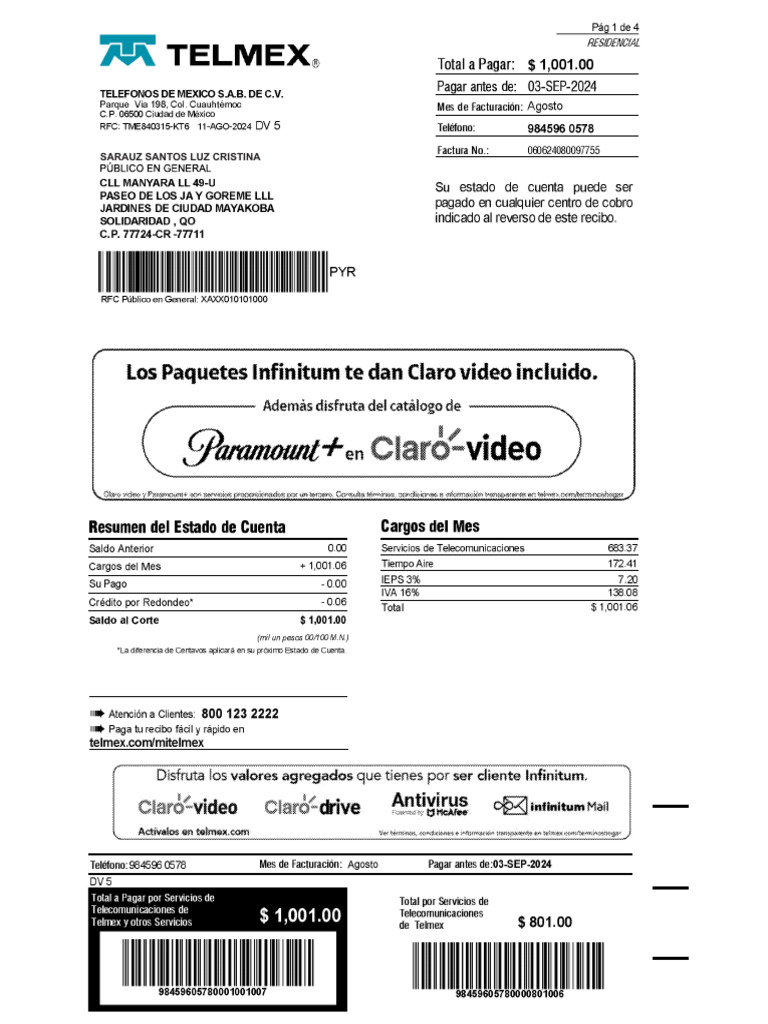 Recibo Telmex Agosto | PDF