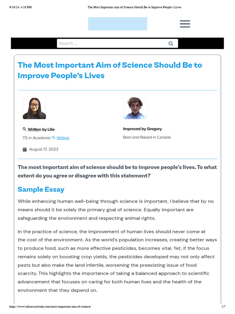 The Most Important Aim of Science Should Be To Improve People's Lives | PDF