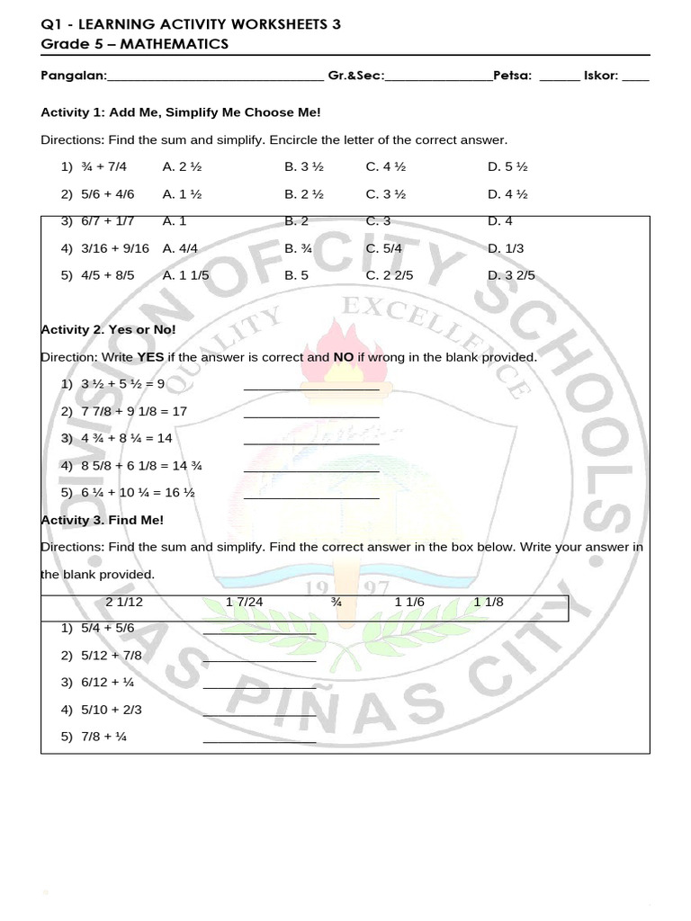 Q1 G5 Math LAW 3 | PDF