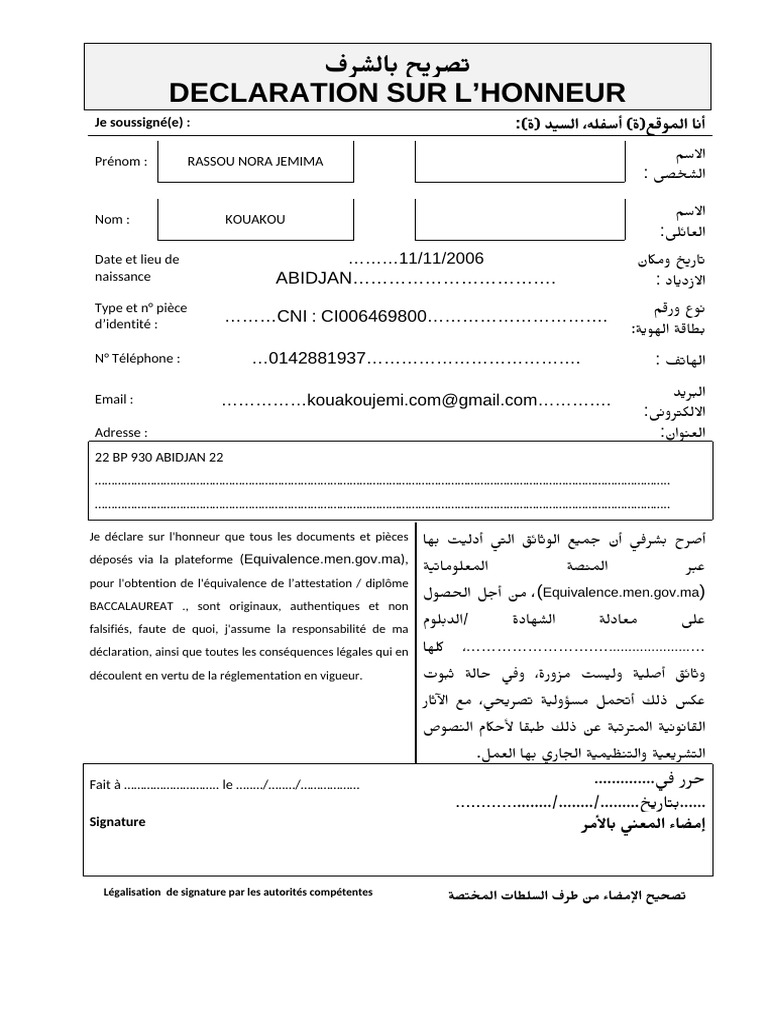 DECLARATION SUR L'HONNEUR | PDF