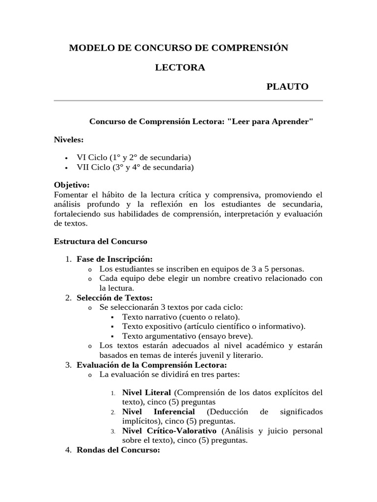 Modelo de Concurso de Comprensión Lectora | PDF