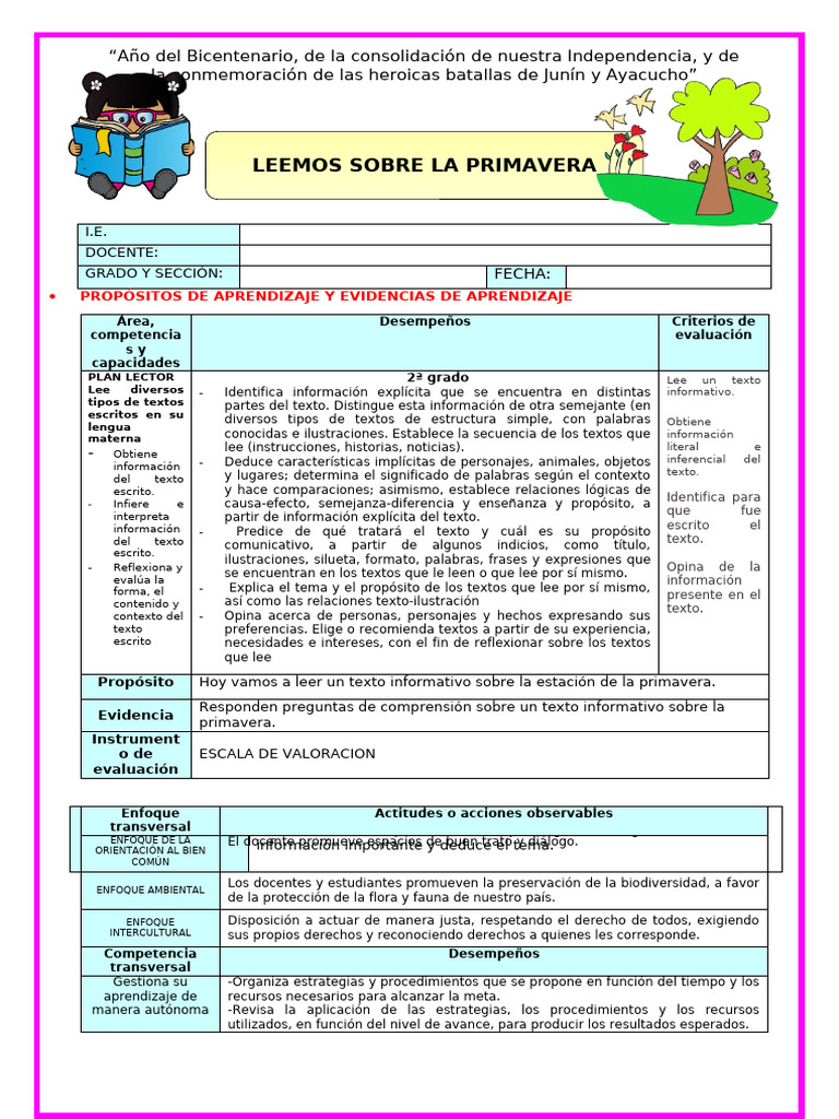 1º U6 S2 Sesion D4 Plan Lector Leemos Sobre La Primavera 998591174 | PDF