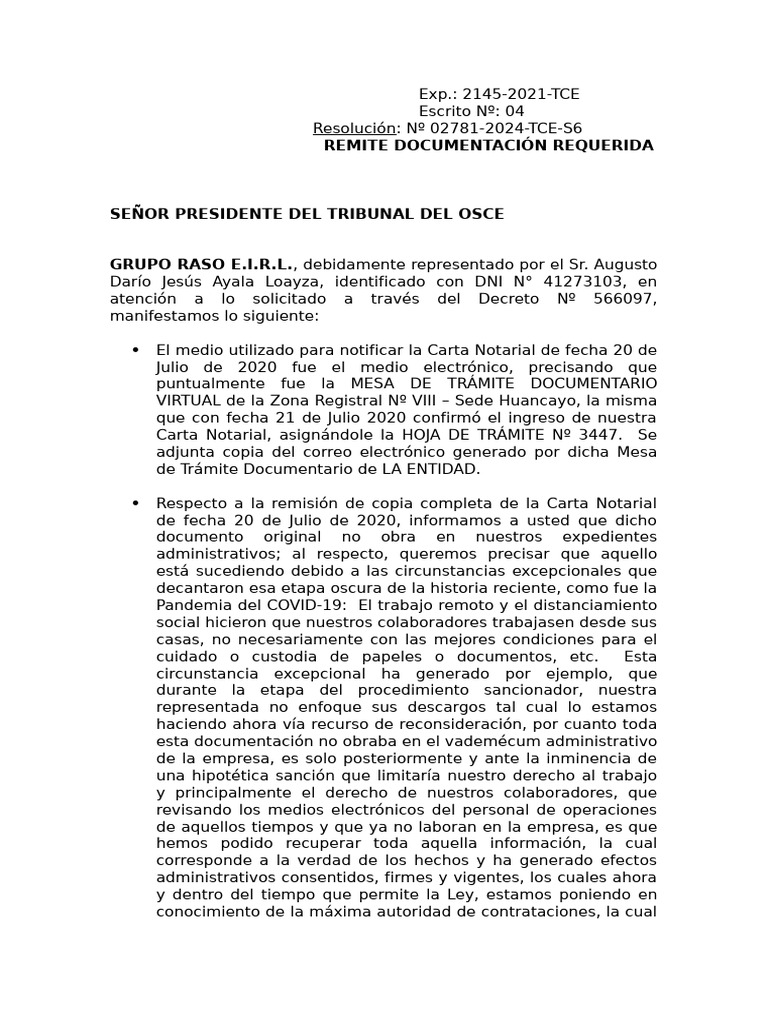 Recurso de Reconsideracion - Resolucion 02781-2024 - 4to Escrito - Remite Informacion Notaria | PDF