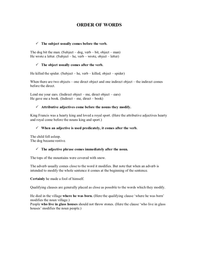 Order of Words | Download Free PDF | Verb | Adjective