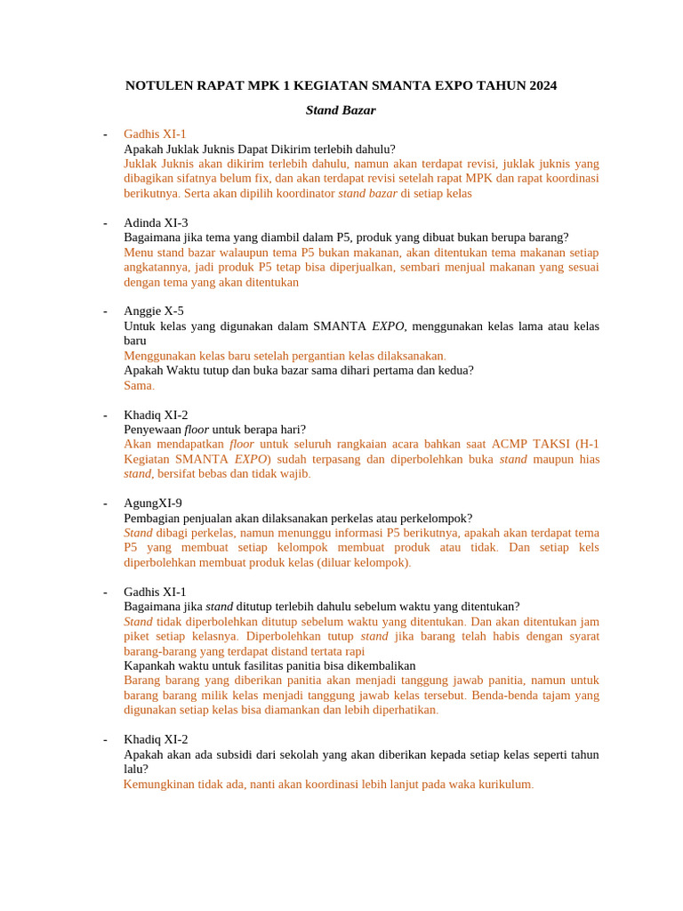 Notulen Rapat MPK 1 Kegiatan Smanta Expo Tahun 2024 | PDF