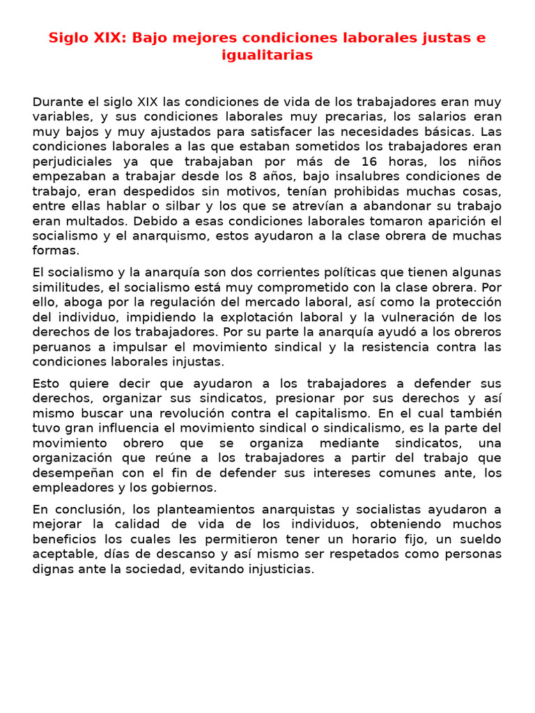 Siglo XIX: Bajo Mejores Condiciones Laborales Justas e Igualitarias | PDF