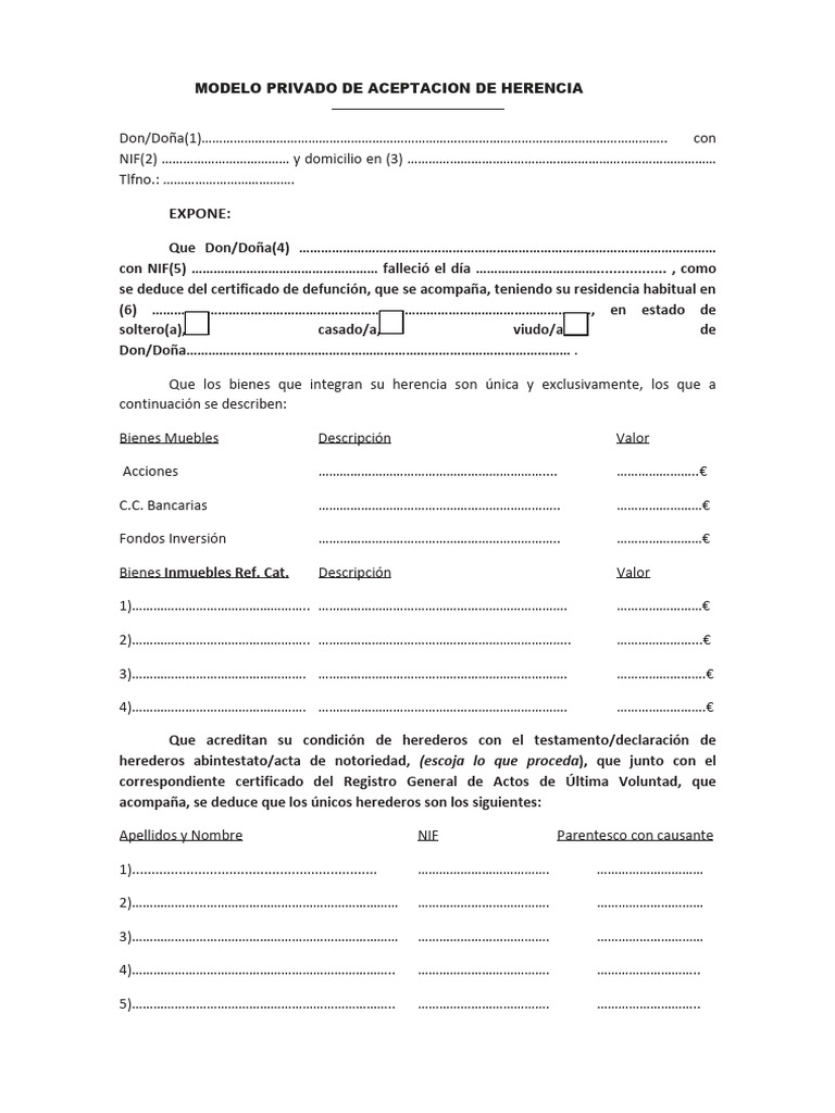 Modelo Privado Aceptacion Herencia | PDF | Estratificación social | Herencia
