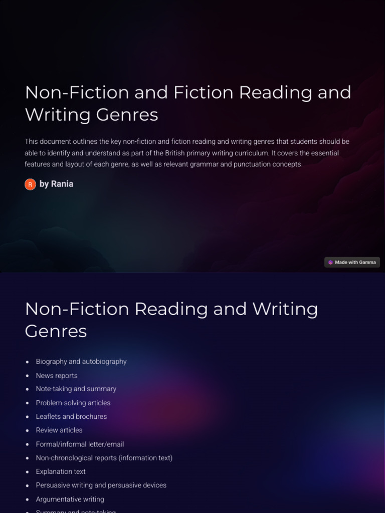 Non Fiction and Fiction Reading and Writing Genres | PDF
