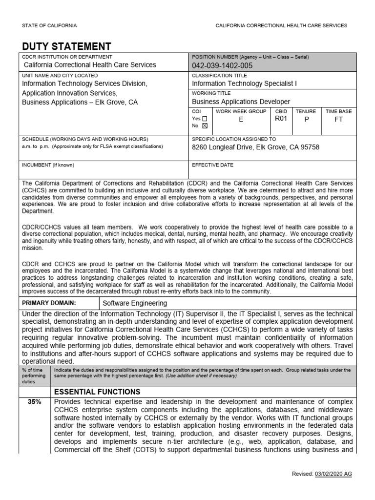 DutyStatementITSI SoftwareDeveloper042 039 1402 005approved | PDF | Databases | Business