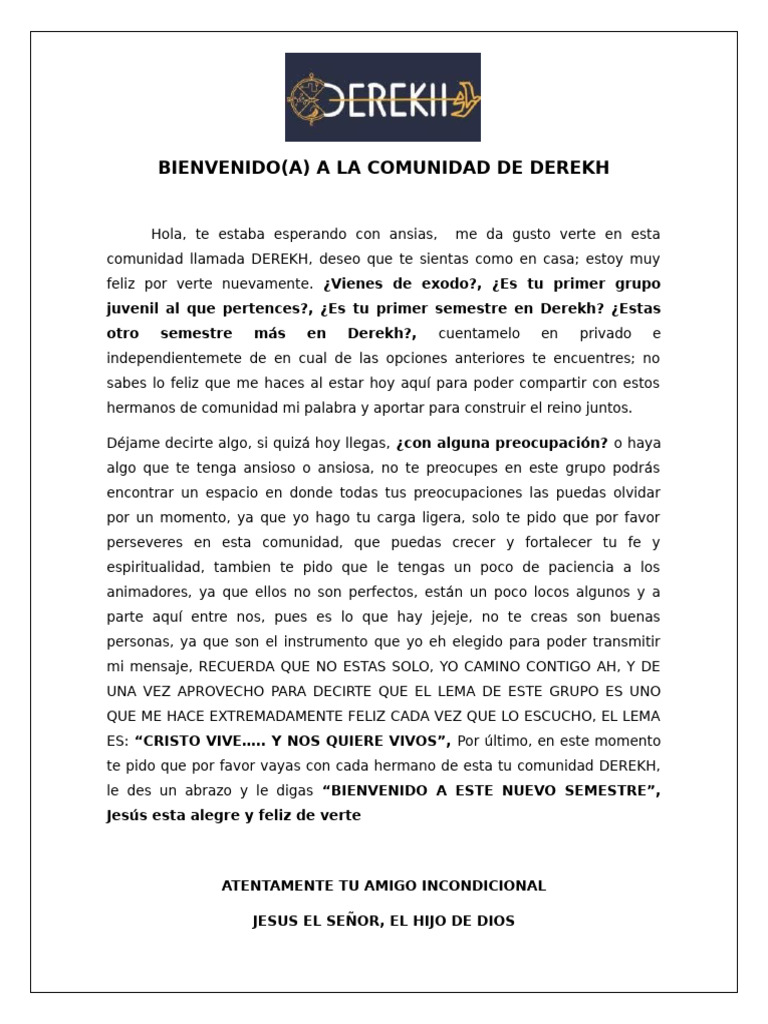 Carta Bienvenida A Derekh Animadores | PDF | Amor | Dios el padre