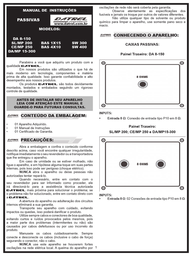 Manual DATREL Passivas DA8 150 SL200 CE250 DA15 300 | PDF