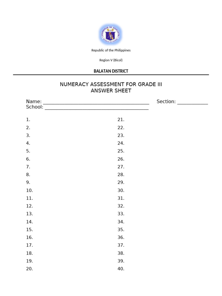 Numeracy Assessment For Grade 3 Answer Sheet | PDF