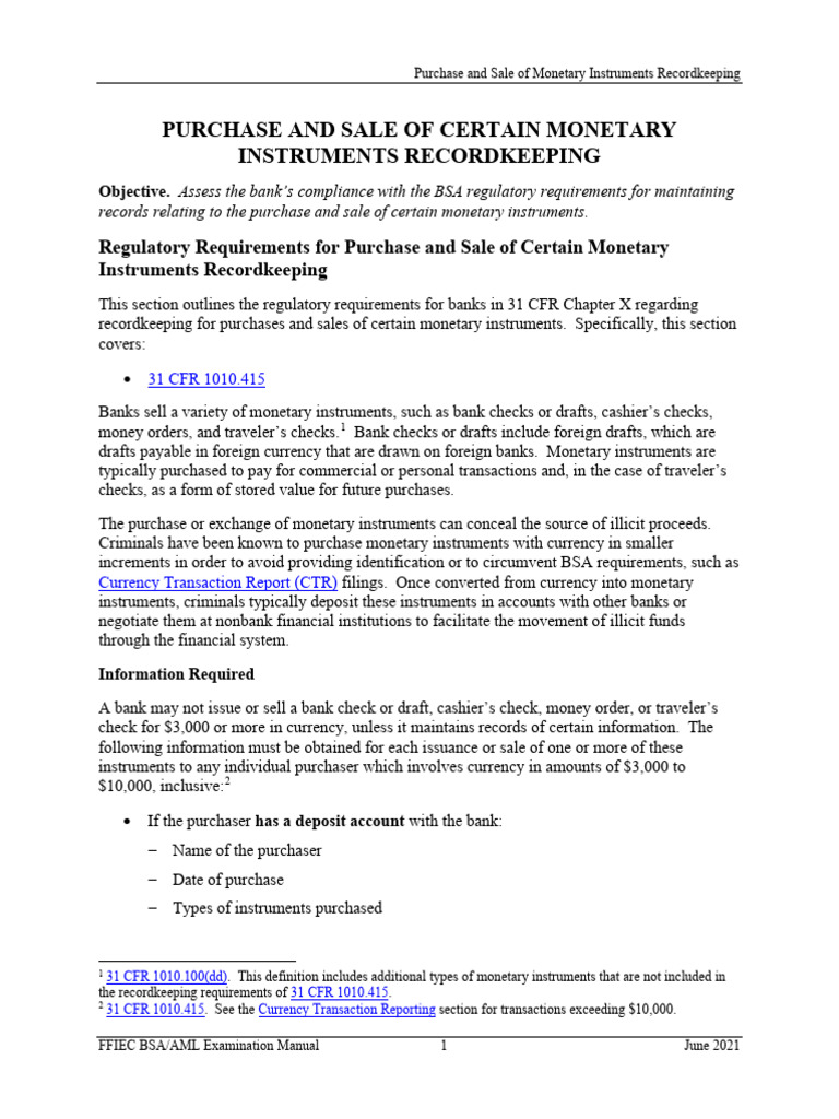 BSA Recordkeeping for Monetary Instruments | PDF | Internal Control | Banks