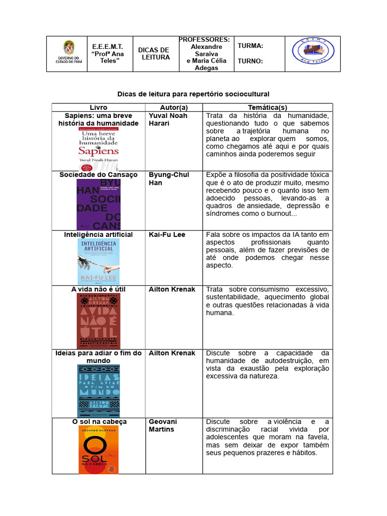 Dicas de Livros Ana Teles 2024 | PDF