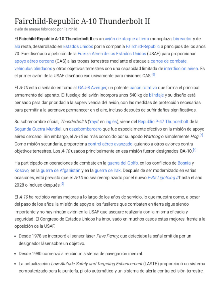 Fairchild-Republic A-10 Thunderbolt II - Wikipedia, La Enciclopedia Libre | PDF