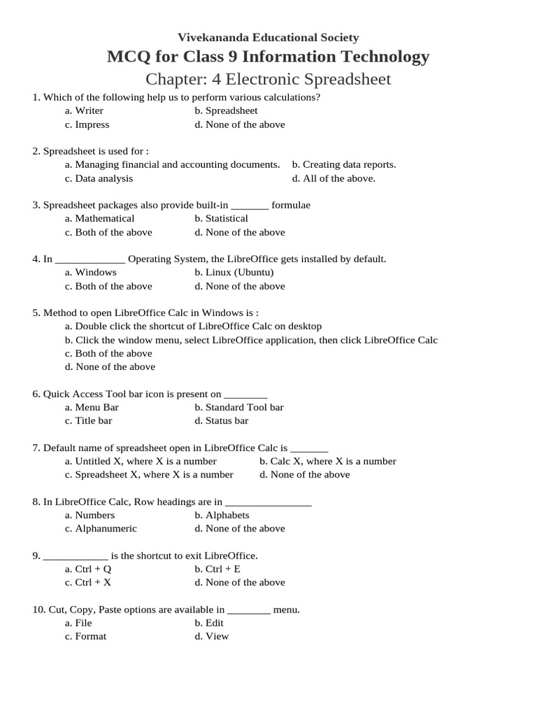 Unit 4 - Electronic Spreadsheet (ONE WORD) | PDF | Spreadsheet | System Software