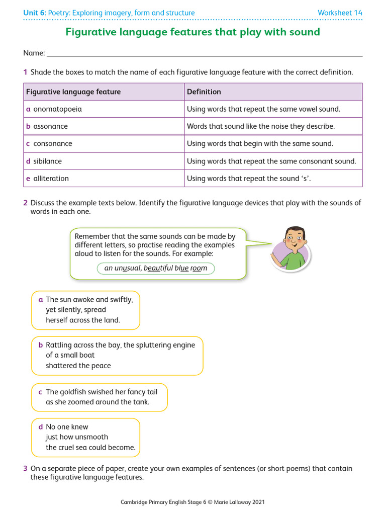 Worksheet 14 - Figurative Language Features That Play With Sound | PDF