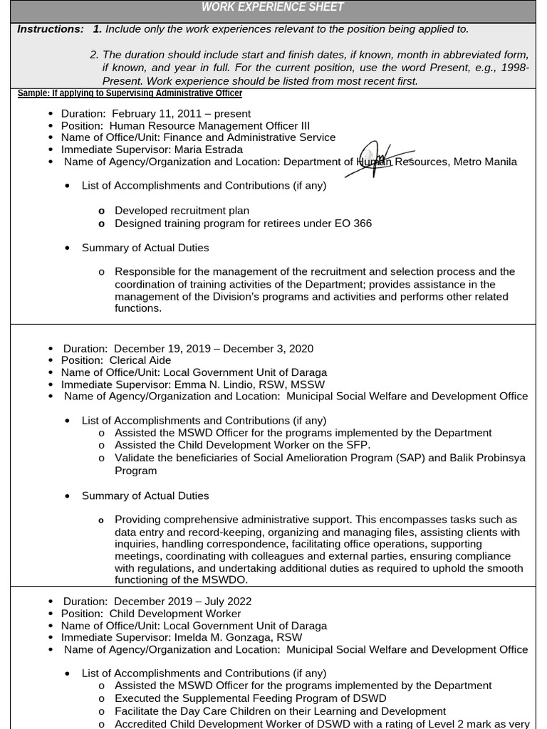 CS Form No. 212 Attachment - Work Experience Sheet | PDF