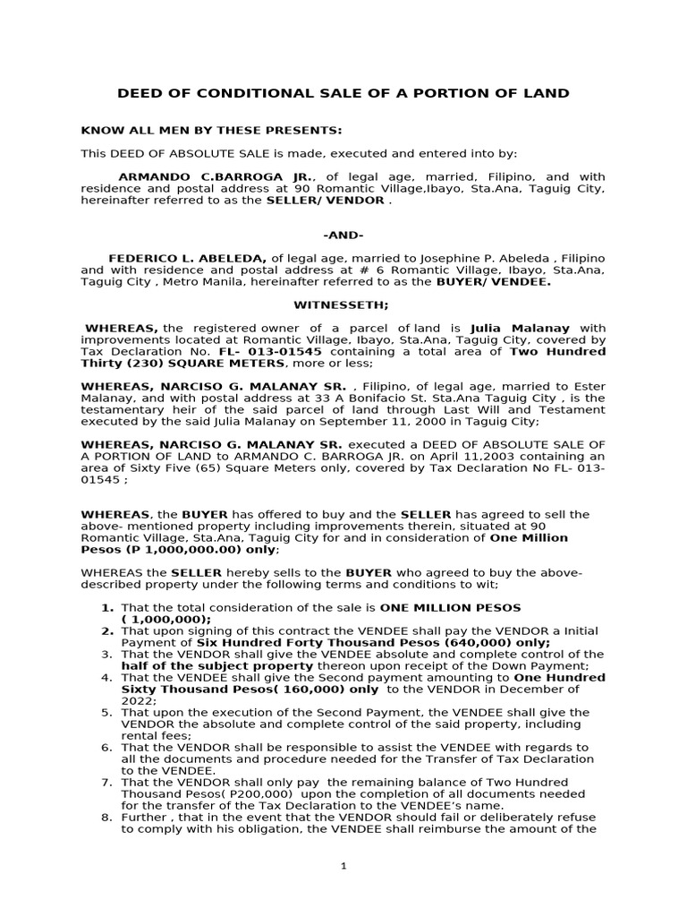 DEED OF CONDITIONAL SALE OF A PORTION OF LAND Armando Barroga | PDF