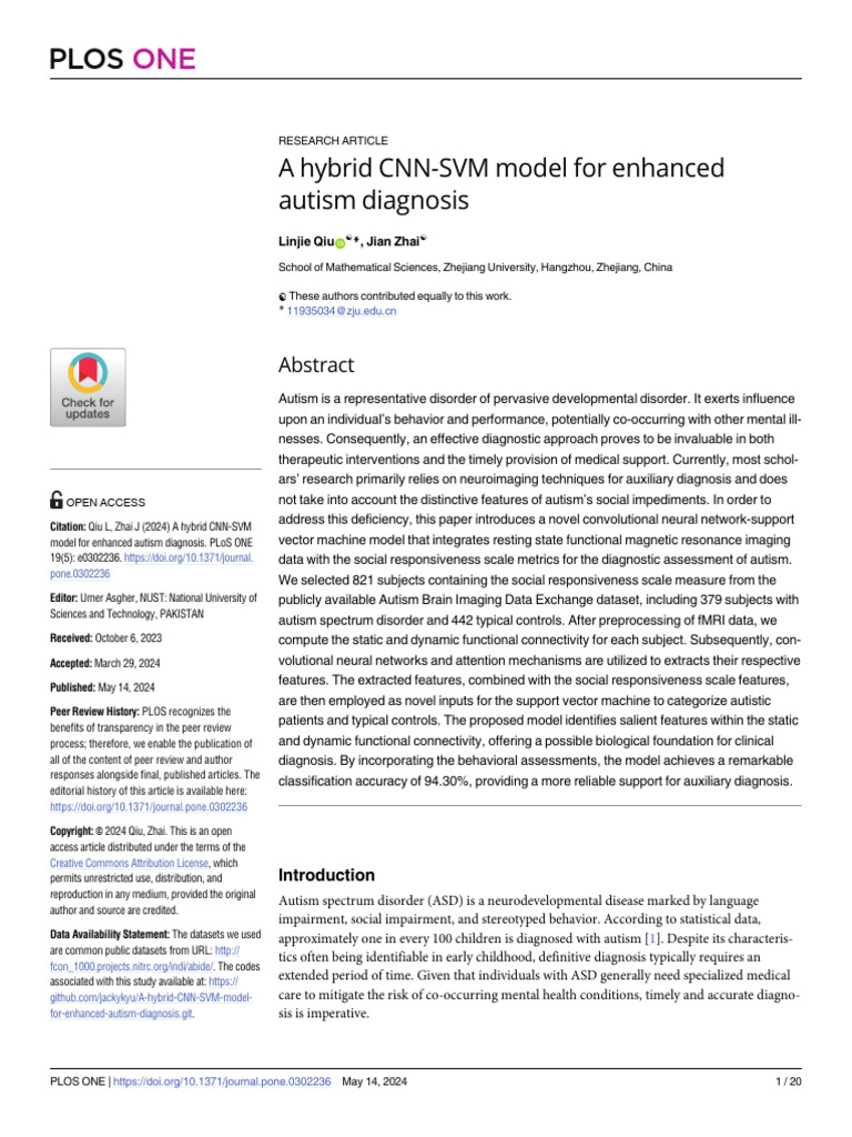 Pone.0302236 A Hybrid CNN-SVM Model For Enhanced Autism Diagnosis | PDF | Eigenvalues And ...