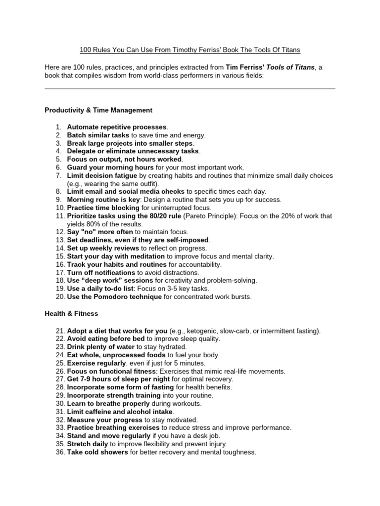 100 Rules You Can Use From Timothy Ferriss' Book The Tools of Titans | PDF