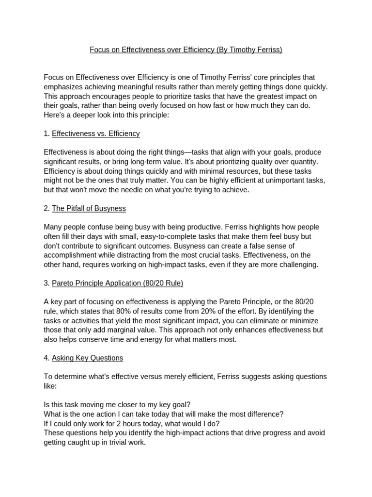 Focus On Effectiveness Over Efficiency (By Timothy Ferriss) | PDF