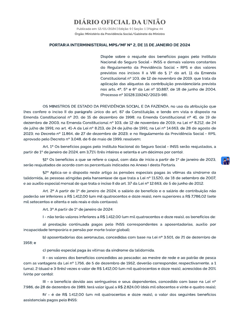 Portaria MPS - MF 2-2024 (INSS e Salário Família) | PDF