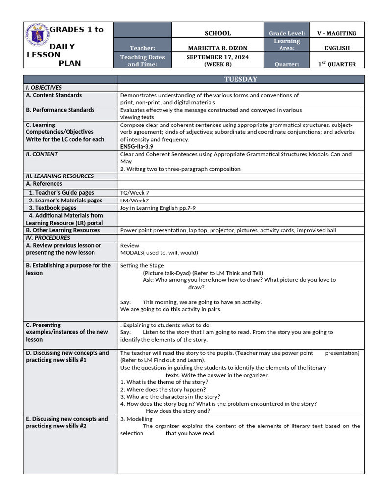 DLL - English 5 - Q1 - W8-D2 | PDF
