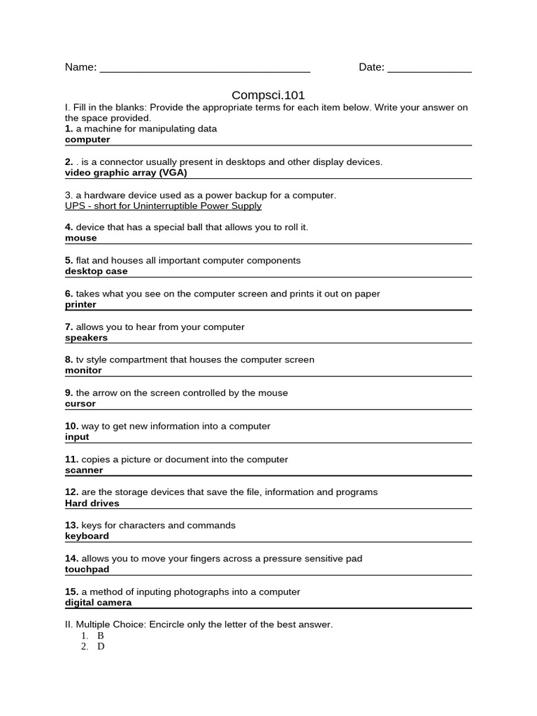 Parts of A Computer Answer Key | PDF