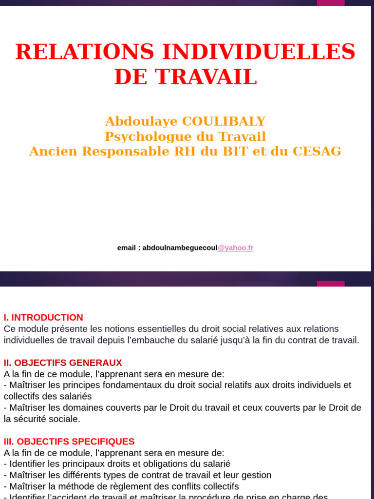 Relations Individuelles de Travail | PDF