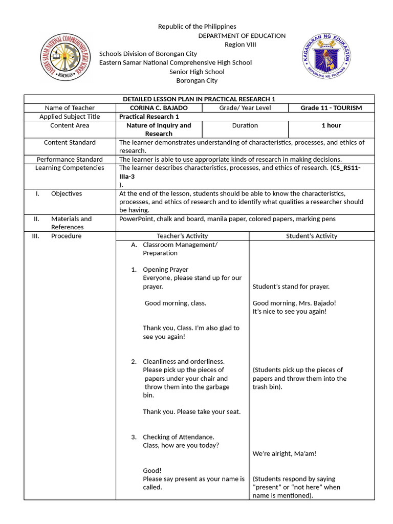Detailed Lesson Plan 2 - 11 TOURISM | PDF | Methodology | Procedural ...