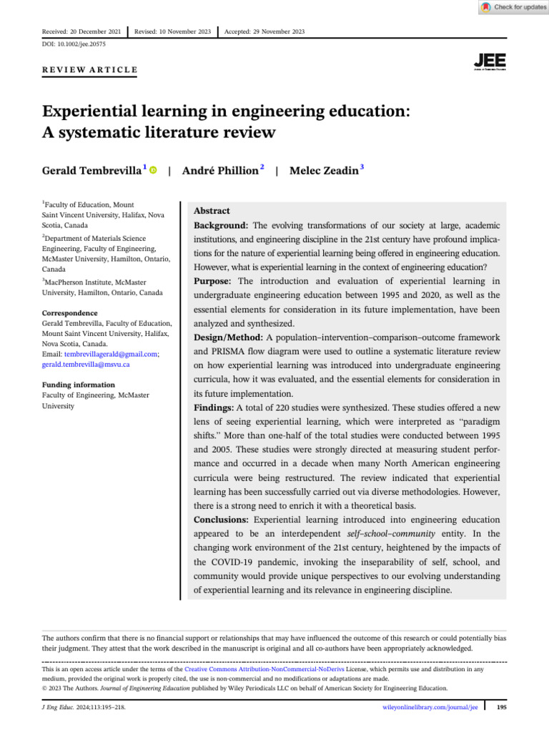 J of Engineering Edu - 2023 - Tembrevilla - Experiential Learning in Engineering Education A ...