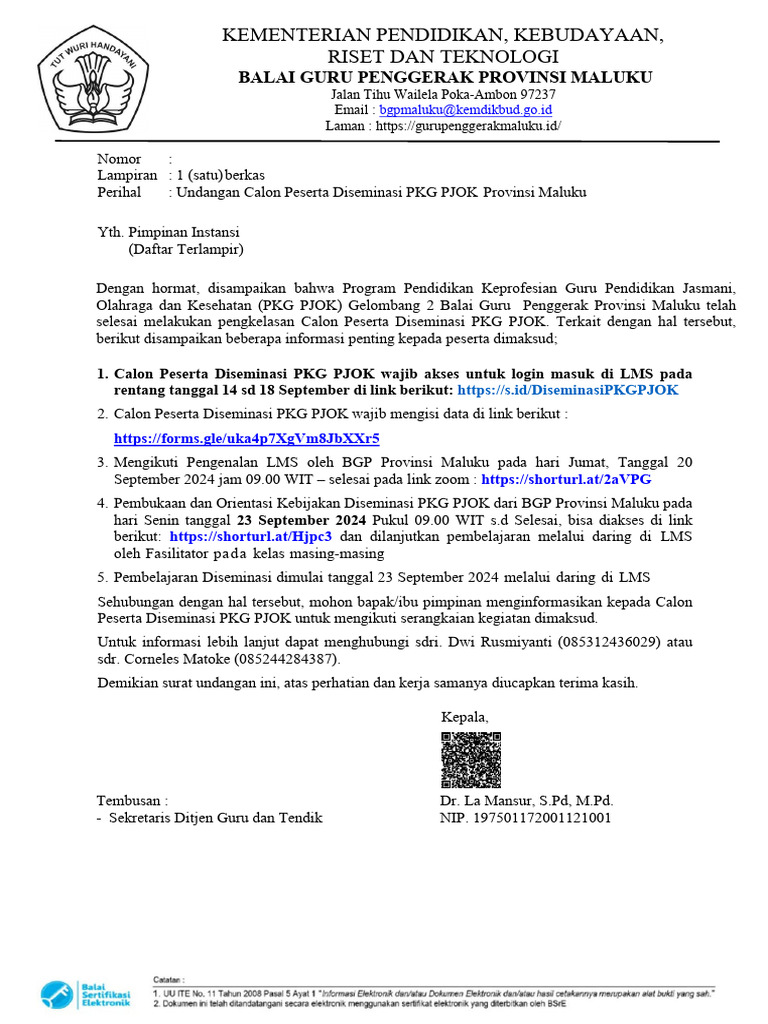 ) Surat Undangan Calon Peserta Diseminasi Maluku | PDF