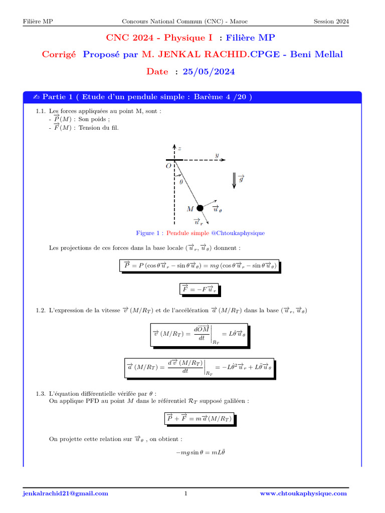 Corrigé CNC 2024 - Filière MP - Epreuve de Physique 1 - Proposé Par PR JENKAL RACHID CPGE Beni ...