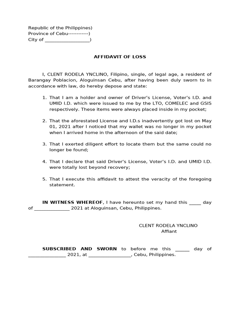 Affidavit of Loss CR of Vehicle | PDF