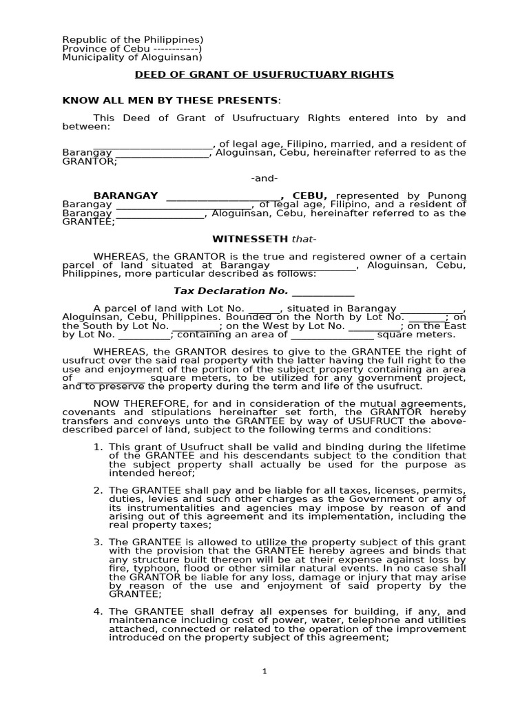 Deed of Usufruct (Blank Form - Barangay) | PDF