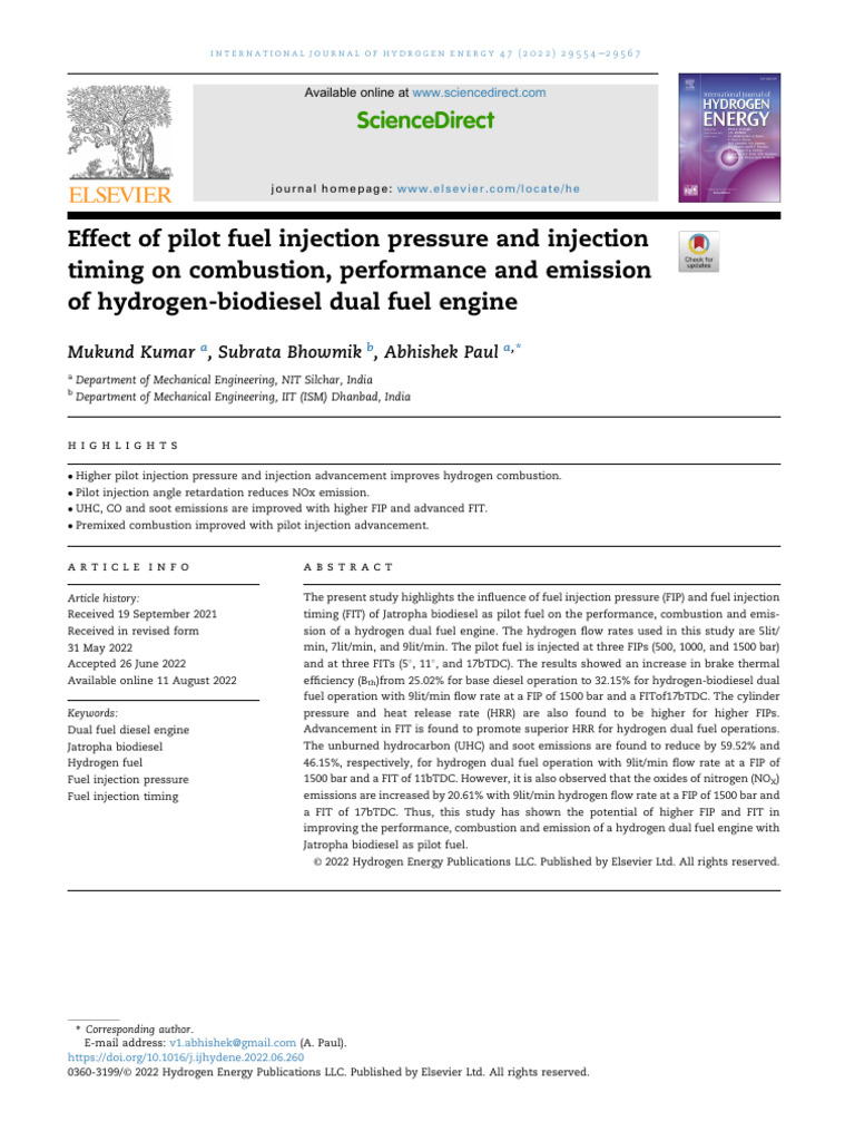 Effect of Pilot Fuel Injection Pressure and Injection Timing On Combustion, Performance and ...