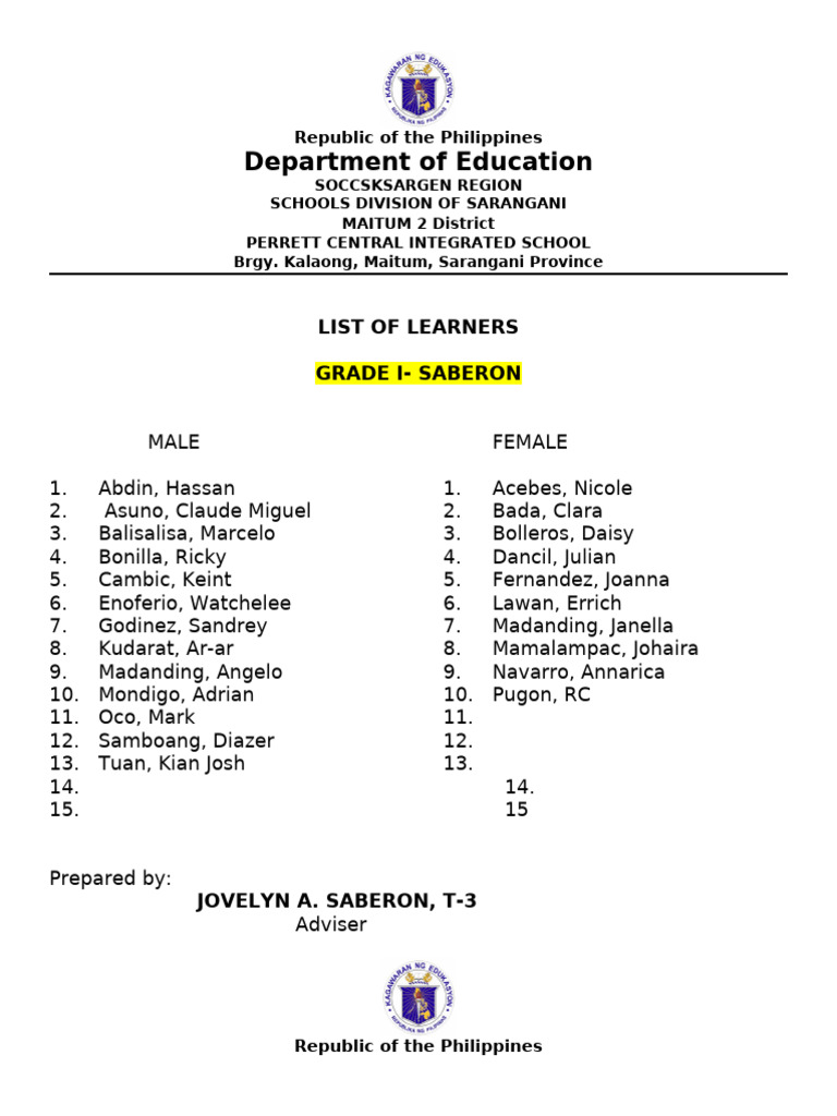 Republic of The Philippines LIST OF GRADE | PDF