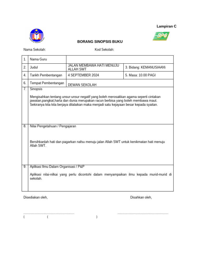 Contoh Sinopsis Pembacaan Buku SPLKPM 2024 3 | PDF