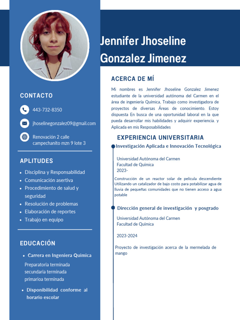 Currículum Vitae CV de Jennifer Jhoseline Gonzalez JImenez 2024 | PDF