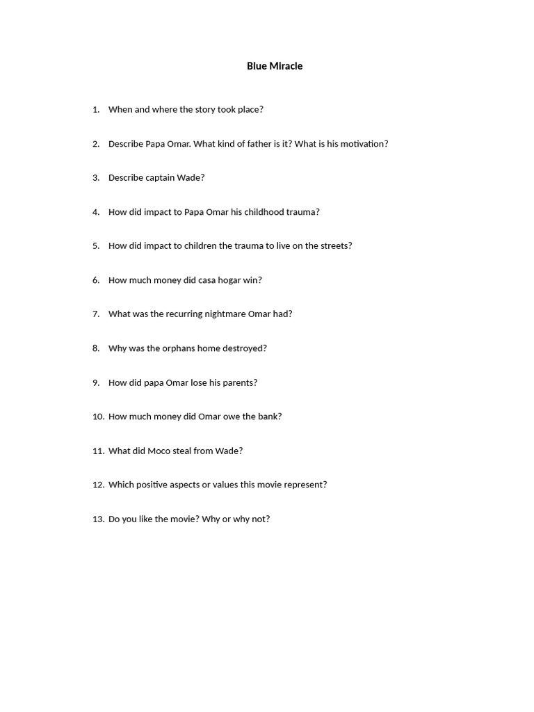 Blue Miracle Questions 5 | PDF