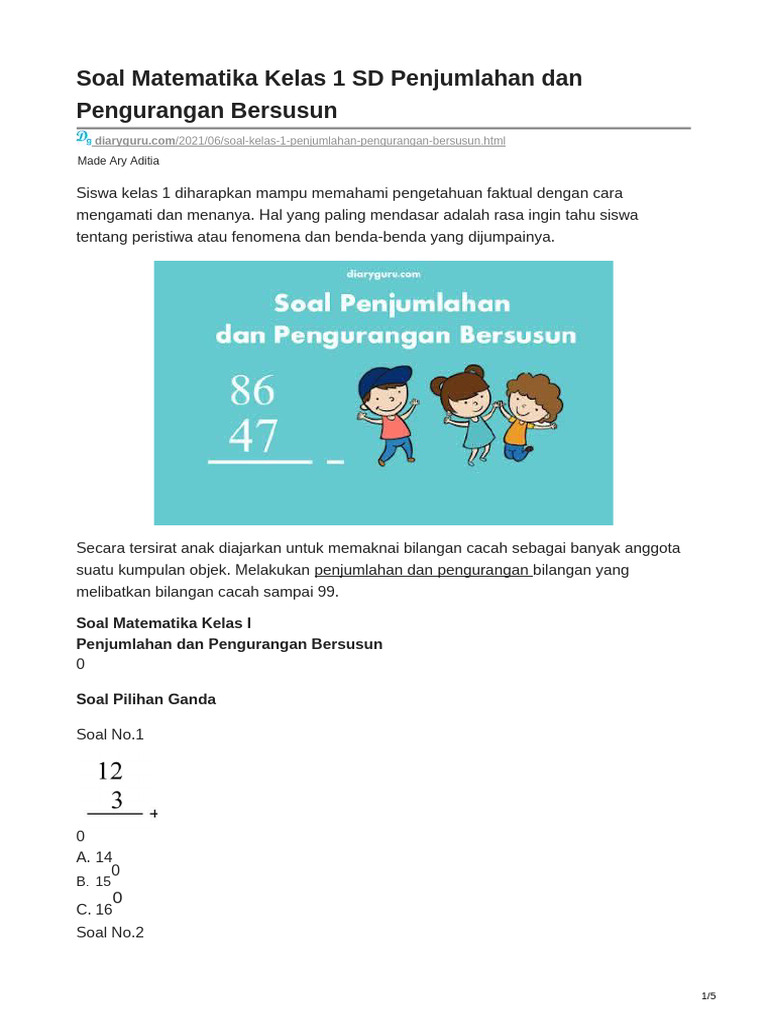 Soal Matematika Kelas 1 SD Penjumlahan Dan Pengurangan Bersusun | PDF
