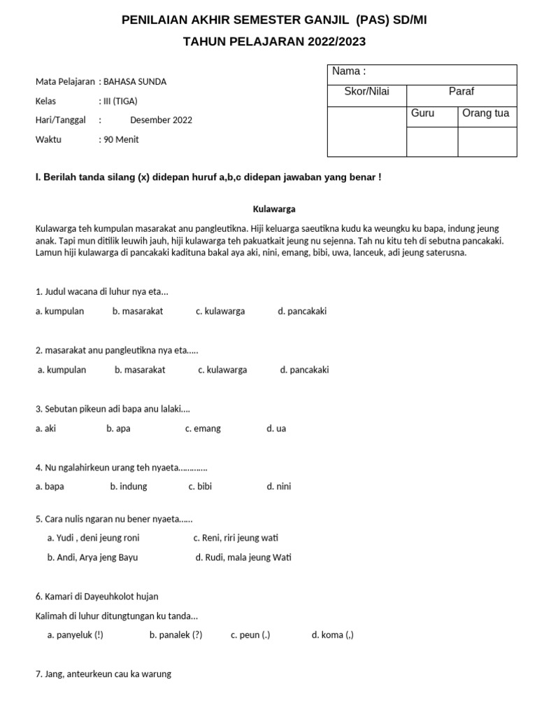 6. SOAL PAS BAHASA SUNDA KELAS 3 | PDF