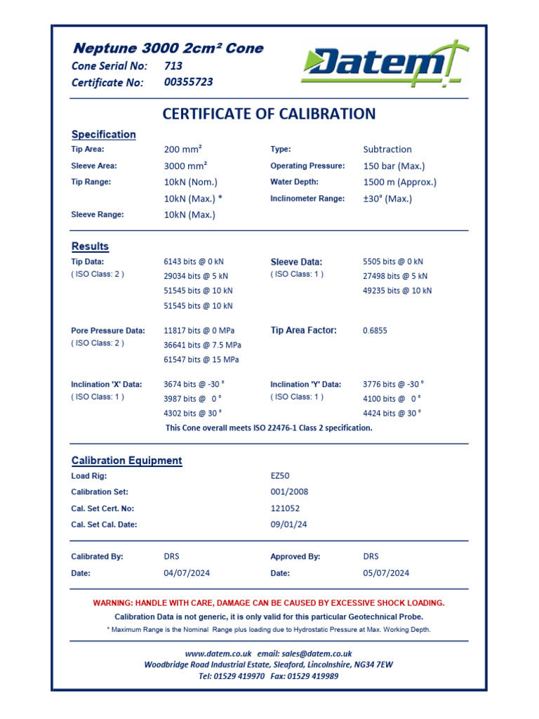 Certificate of Calibration: Neptune 3000 2cm Cone | PDF