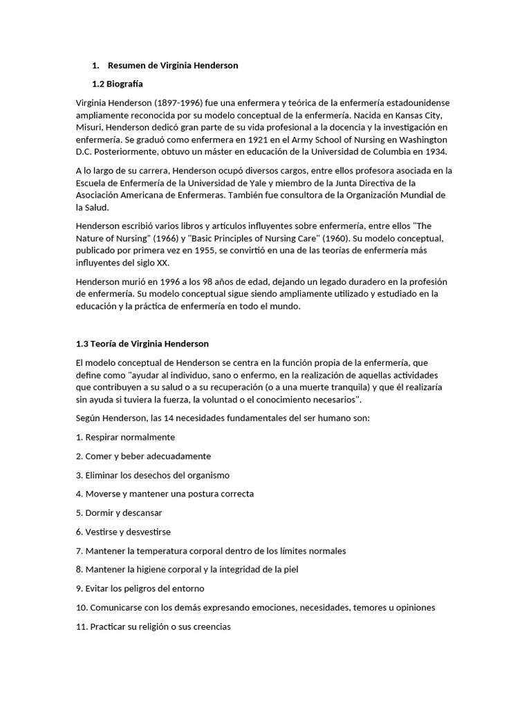 Resumen de Virginia Henderson | PDF