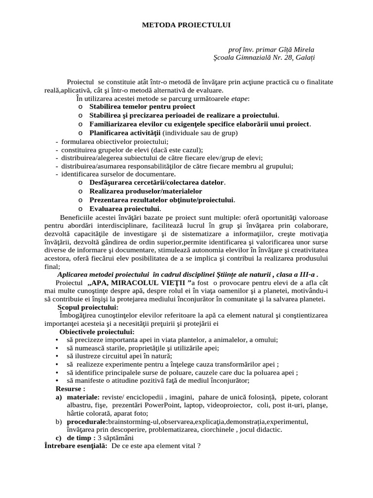 Metoda Proiectului | PDF