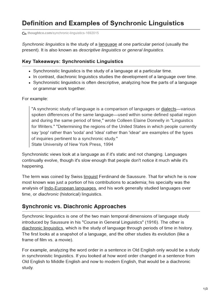 Definition and Examples of Synchronic Linguistics | PDF